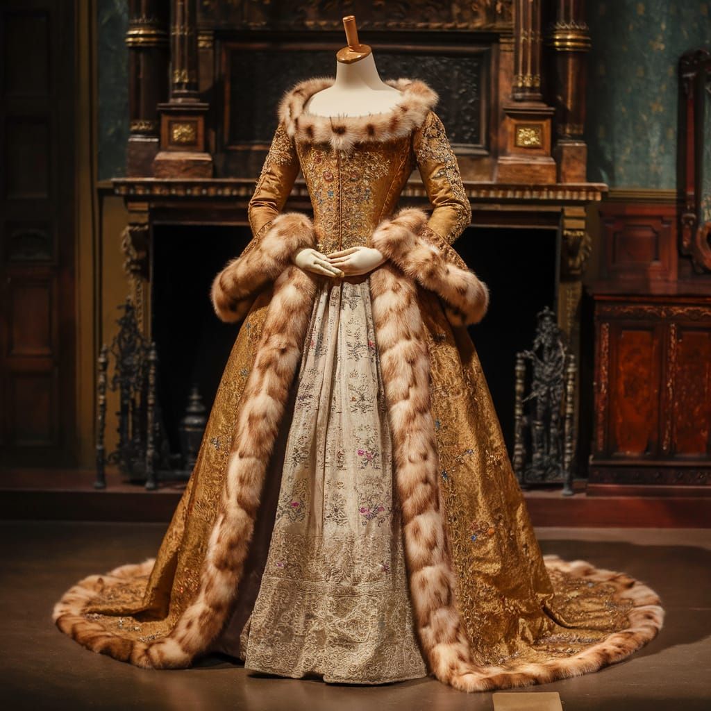 Elegant Jacobean Era Gown in Rich Gold and Fur - AI Art