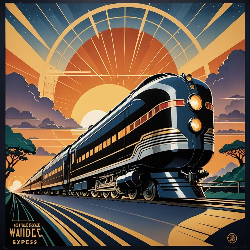Luxurious Art Deco Train Poster in Sunset Metallic Colors