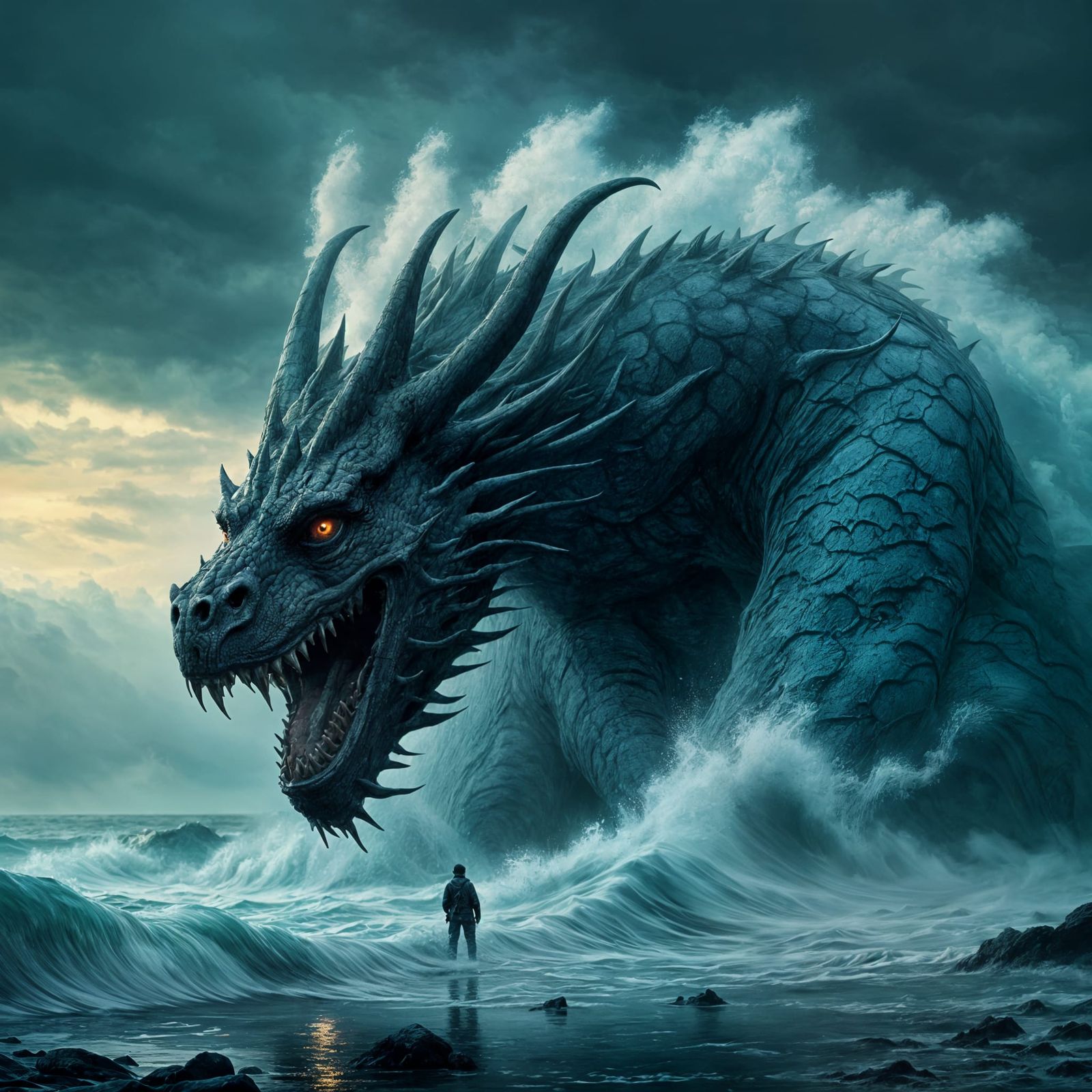 Water Dragon Emerges from Sea in a Spray of Foam - AI Art