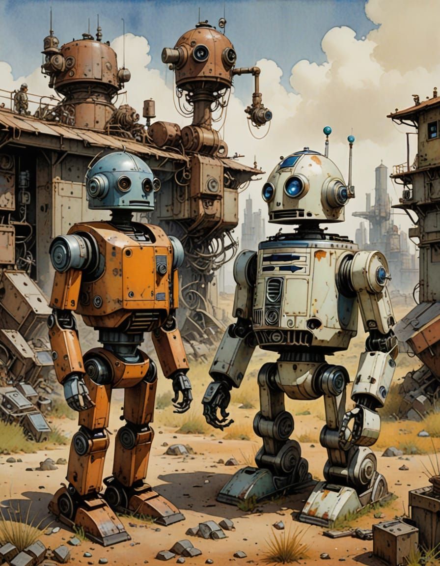 Cyborg Repair Droid in Muted Watercolour Style - AI Art