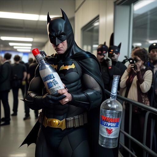 Batman waiting in line at the dmv holding a bottle of vodka. - AI ...