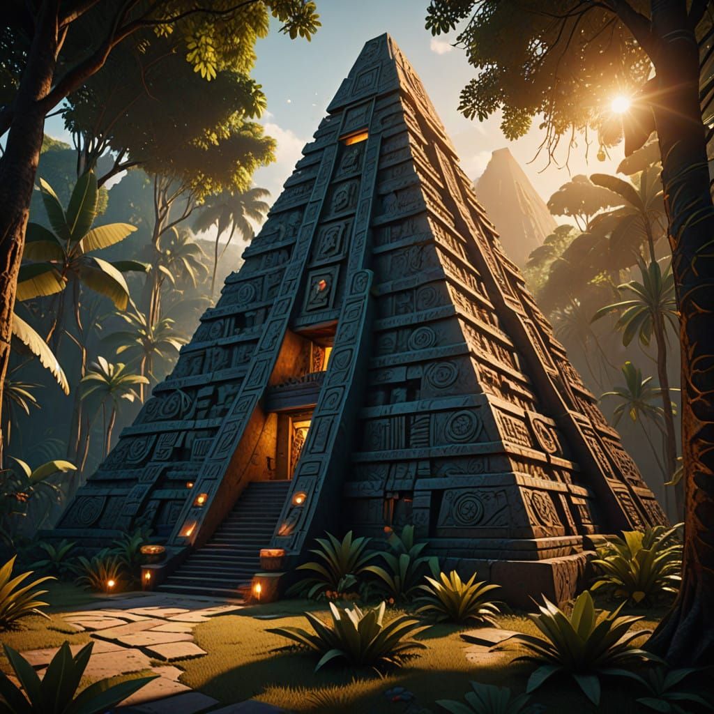 Ancient Mesoamerican Pyramid with Futuristic Metal... - AI Art
