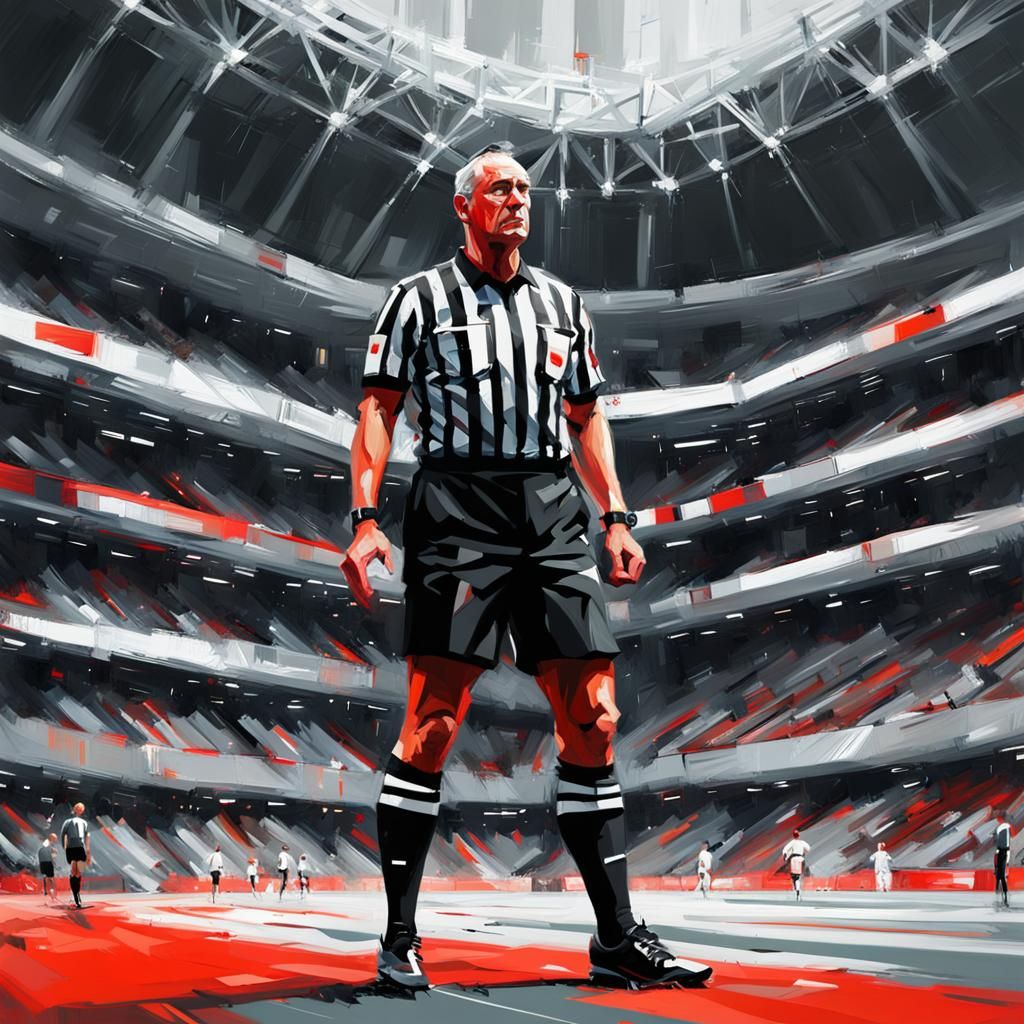 full shot of a Referee in a sport stadium painting, fluid and dynamic ...