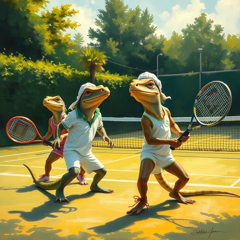 Lizards Play Tennis in Impressionist Style - AI Art