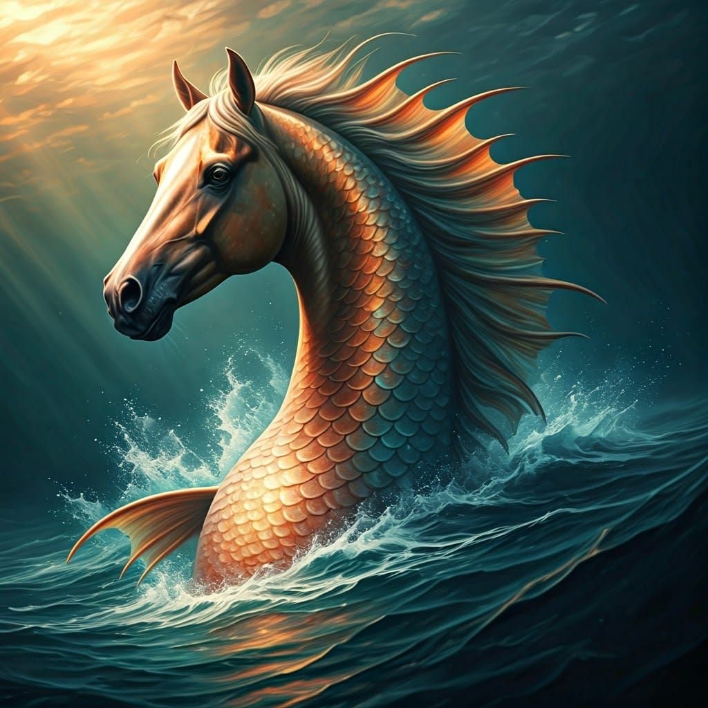 realistic oil painting. Half fish, half horse. It has a fish tail and ...