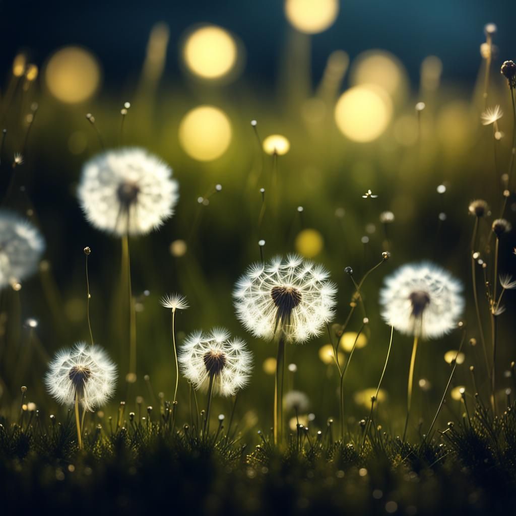 Photograph, Macro, dandelions on meadow, depth of field, particles, 3d ...