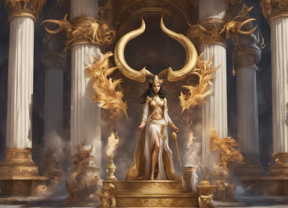 The temple of Astarte. A gold and ivory idol stands before a smoking ...