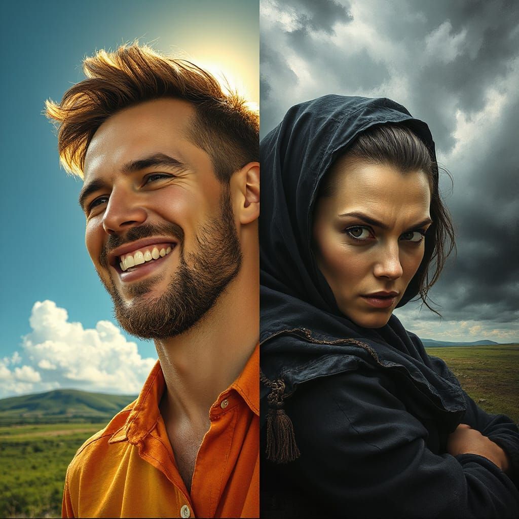 Jovial Man vs Dark, Twisted Woman in Dramatic Spli... - AI Art