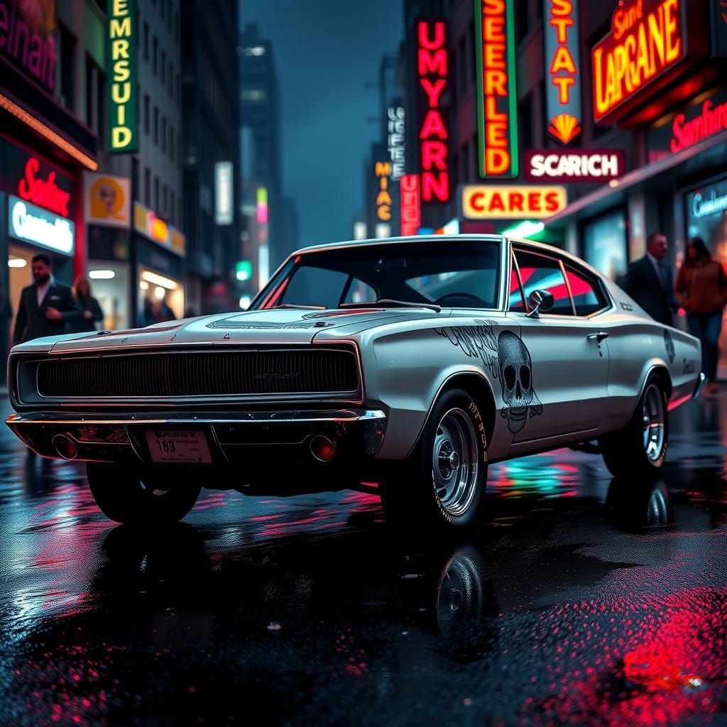 A 1966 Dodge Charger fastback under the city lights.