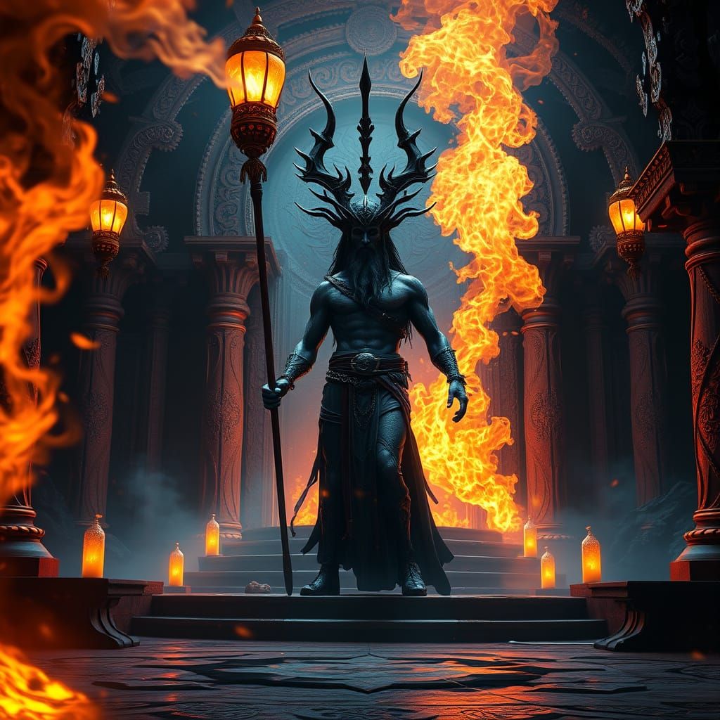 hades - God of the Underworld Standing at Ancient Temple Ent...
