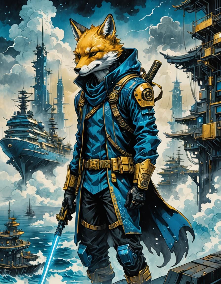 Ink Wash - Fox inspired by Masamune Shirow - AI Generated Artwork ...