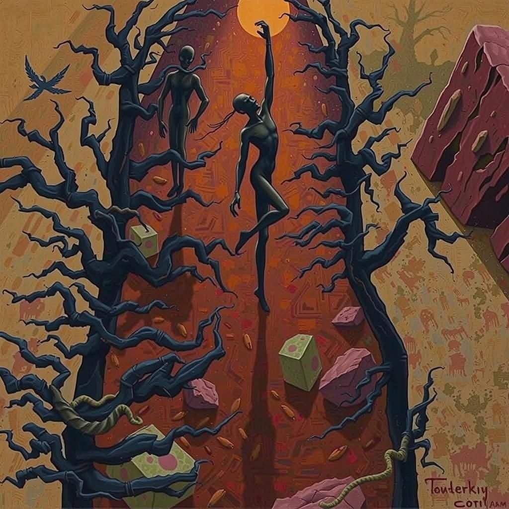 Human figures with sinuous, elongated limbs and distorted proportions ...