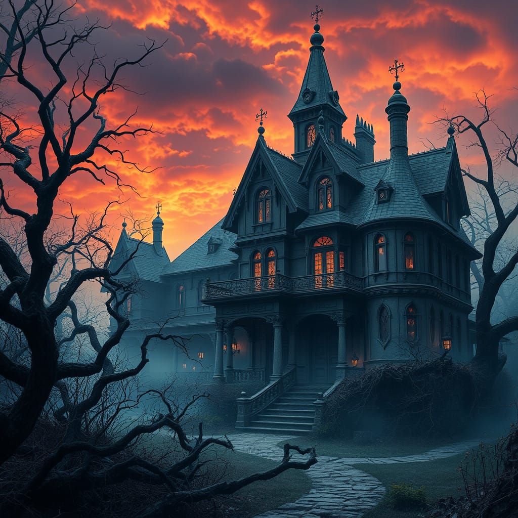 Cursed Mansion - Ethereal Cursed Mansion in Deep Indigo Mist