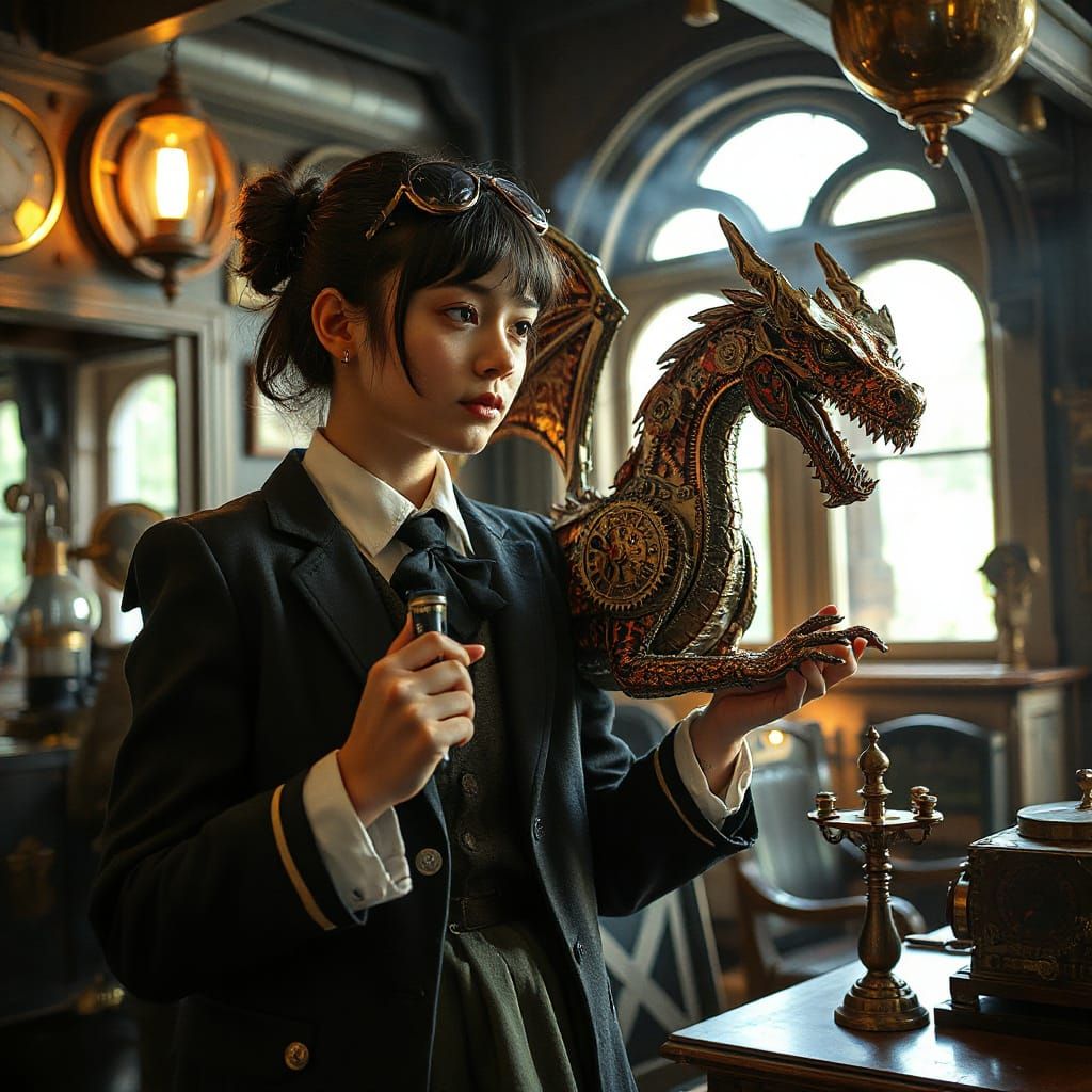 Steampunk Academy: Girl Unveils Clockwork Dragon - AI Art