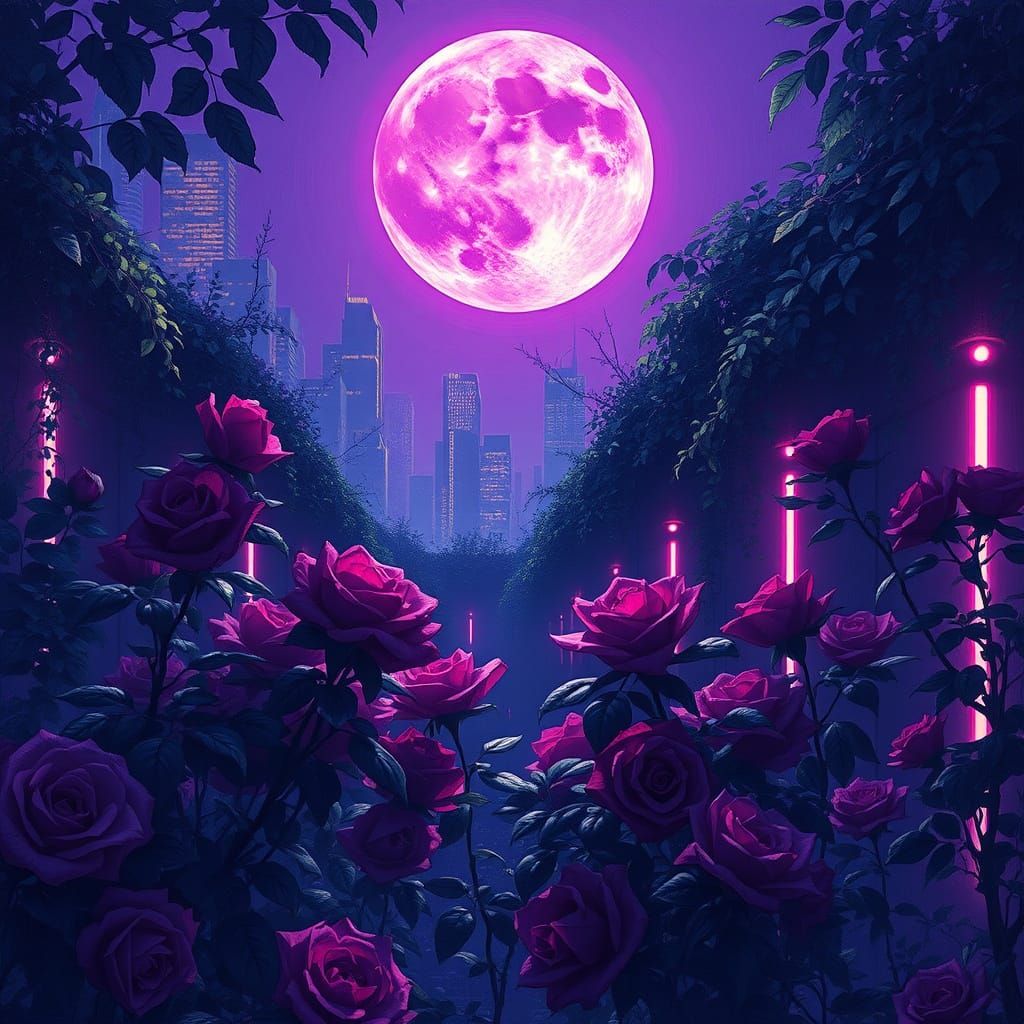 Twilight Roses - Cyberpunk Roses Bloom Under Violet Moon