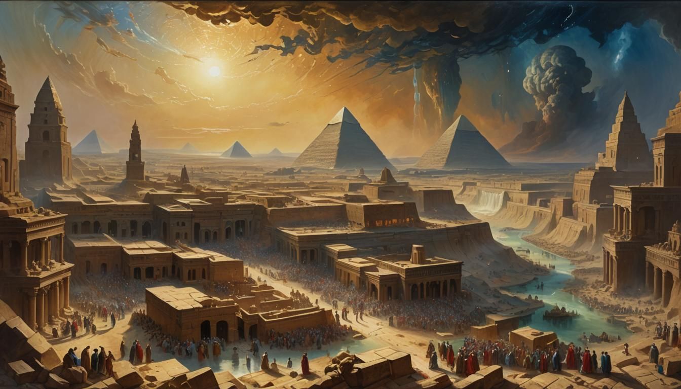 seventh plague of Egypt by John Martin, light and dark collors, bokeh ...