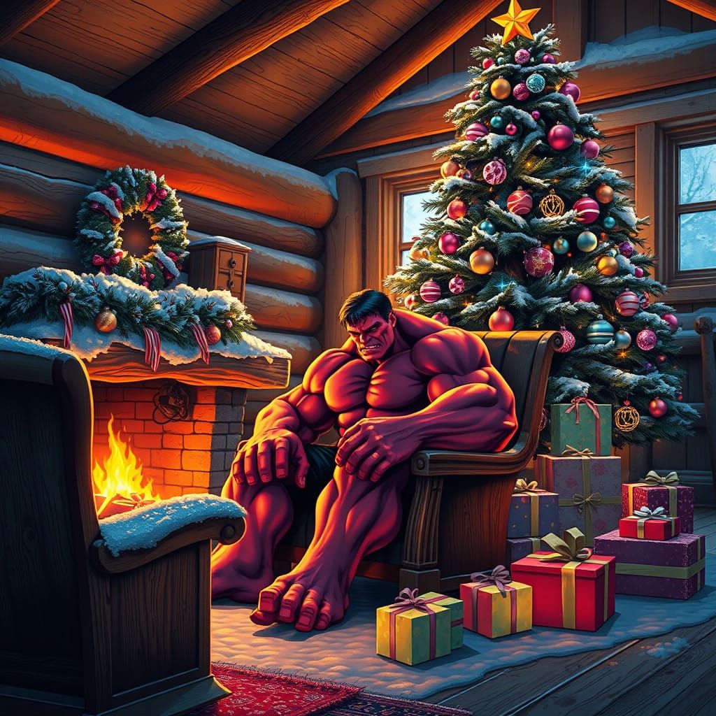 Red Hulk Surrounded by Christmas Cheer in a Cozy C... - AI Art