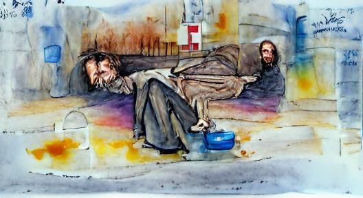 starving drug addict catholic priest homeless watercolor - AI Generated ...