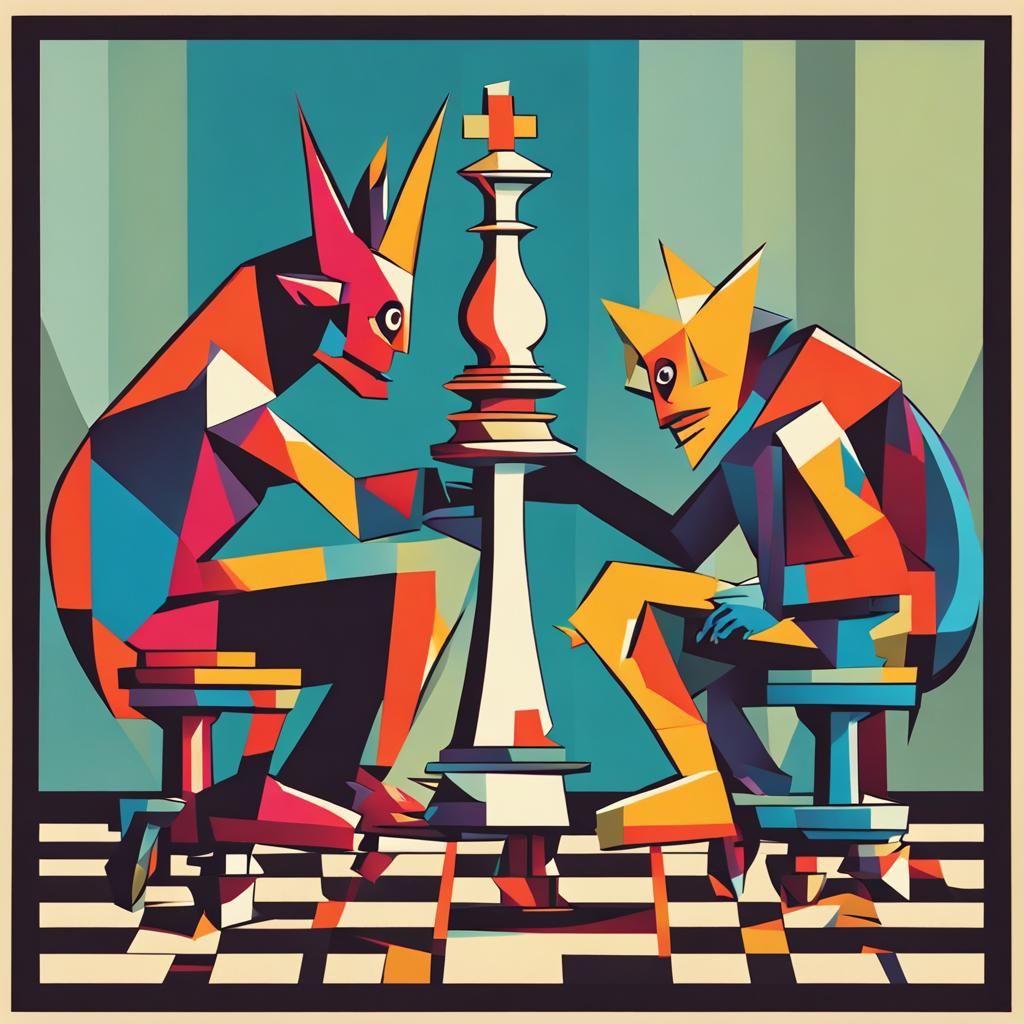 Two monsters playing chess in the style of cubism with bright colors ...
