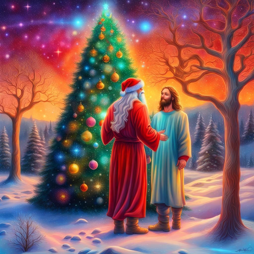 Jesus Christ, Santa Claus, meet at the Christmas Tree - AI Generated ...