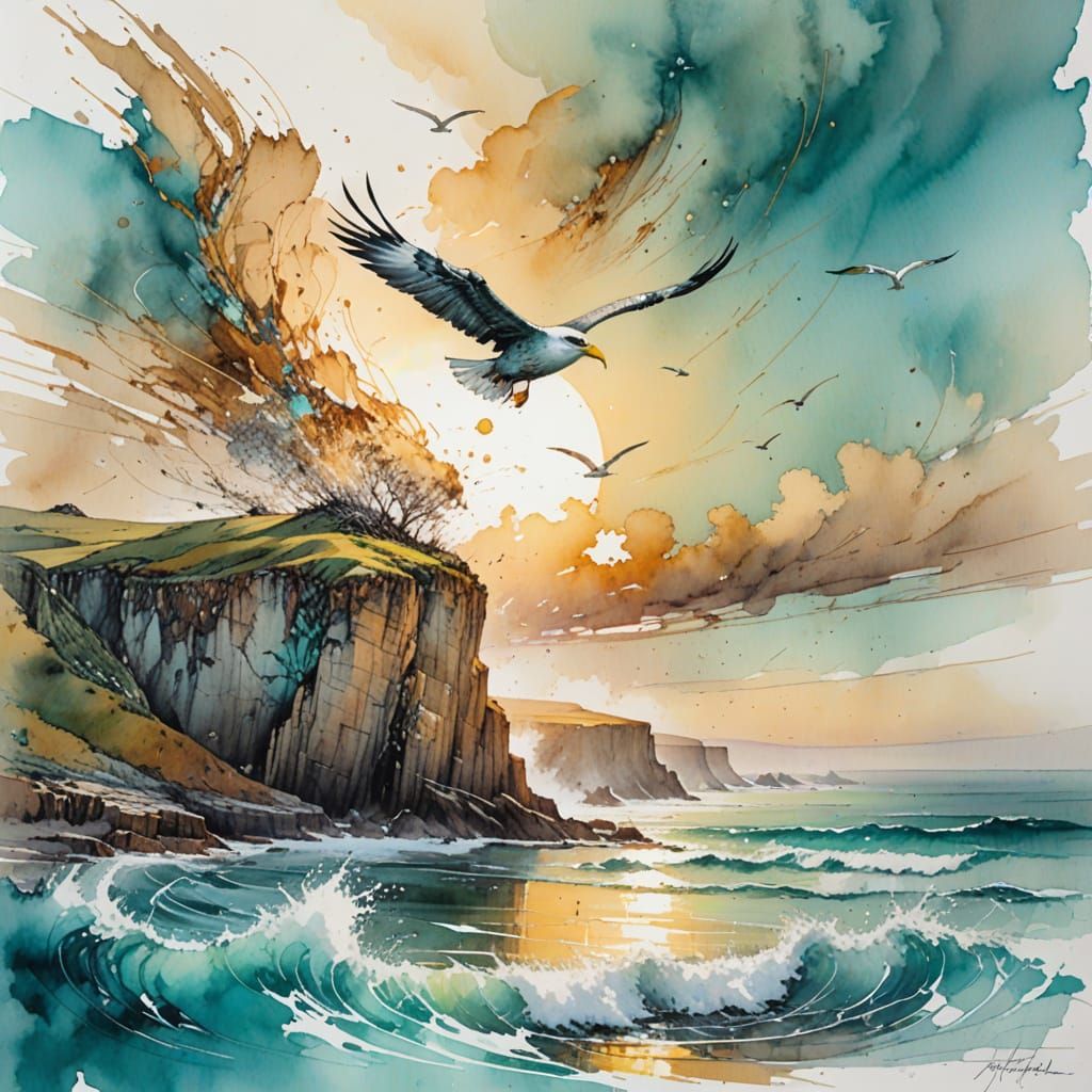 Golden Light Cliffside Albatross in Watercolour St... - AI Art