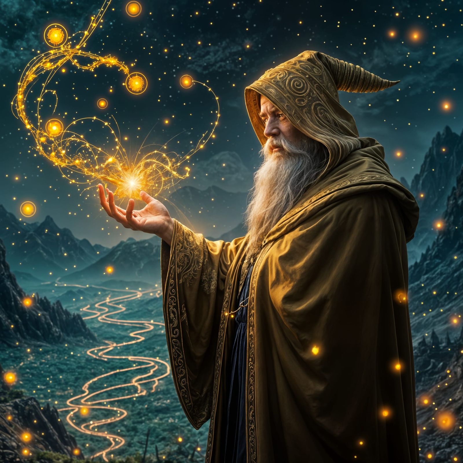 wizardry - Ethereal Wizard in Golden Robes Amidst Fireflies ...