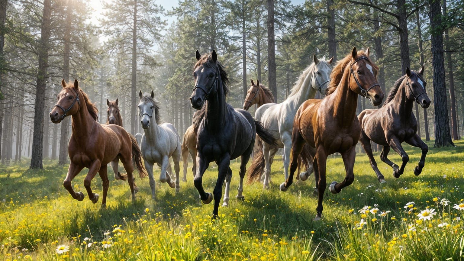 Galloping Mustangs in an Enchanted Forest - AI Art