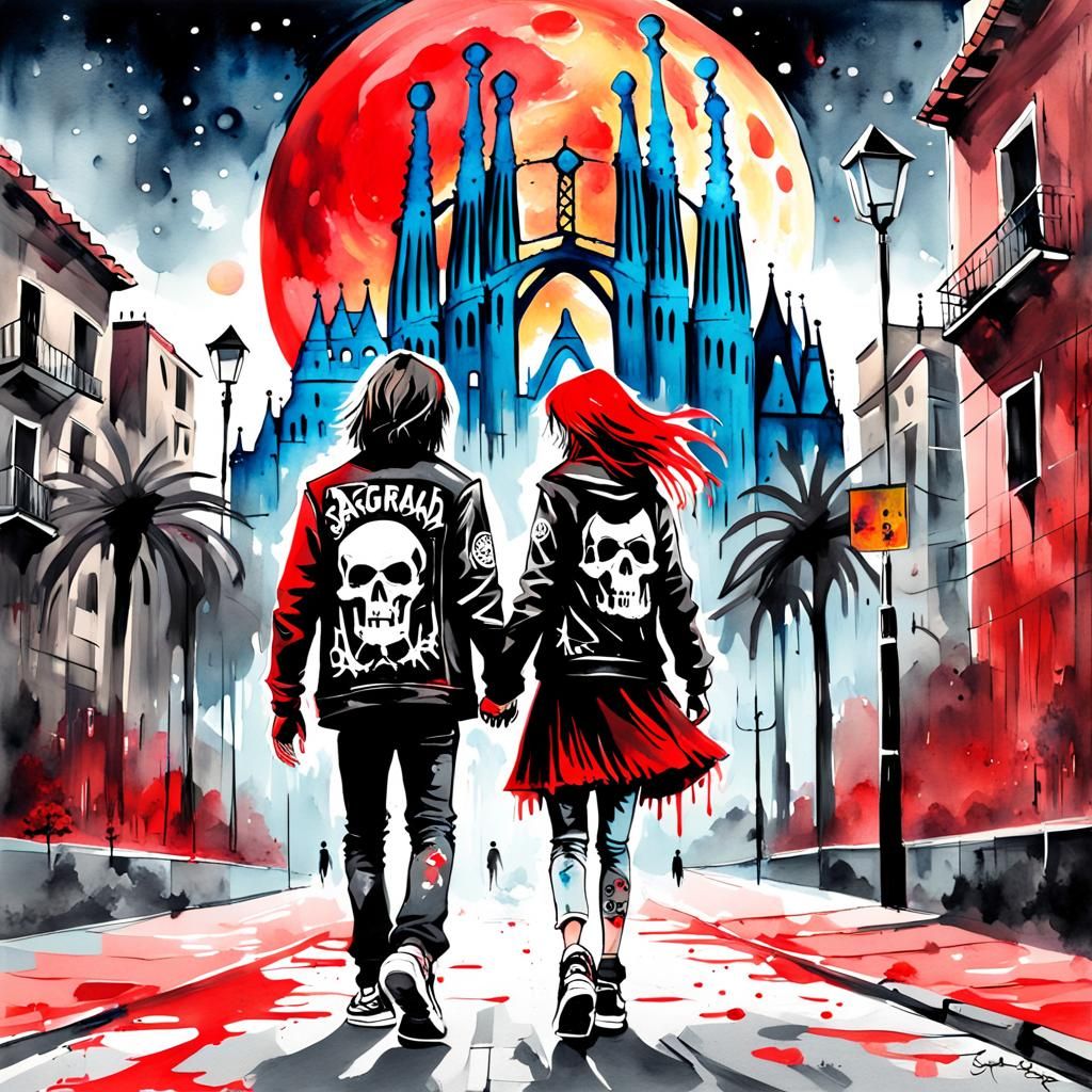 gothic-rocker couple walking in Barcelona near familia sagrada hand in ...