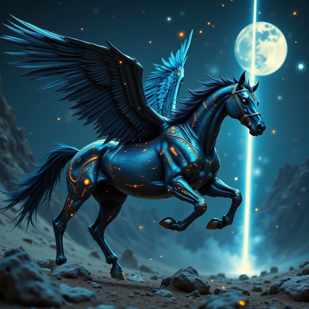 Alien Pegasus - Cyber-Goddess Gallops Under Moonlit Nevada S...