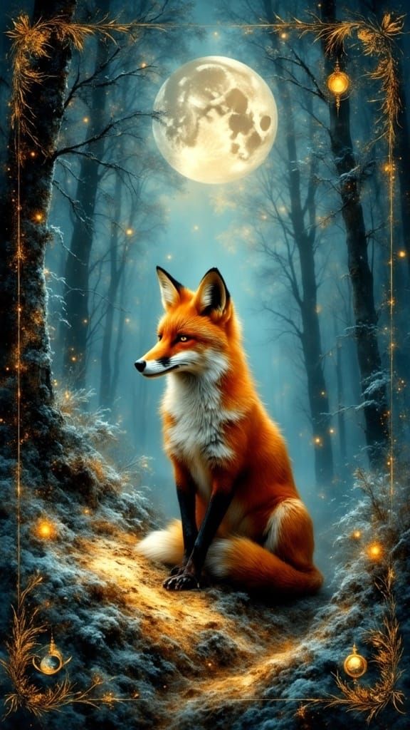 a sly red fox sitting atop a glowing map of the Nine Kingdoms, its eyes ...