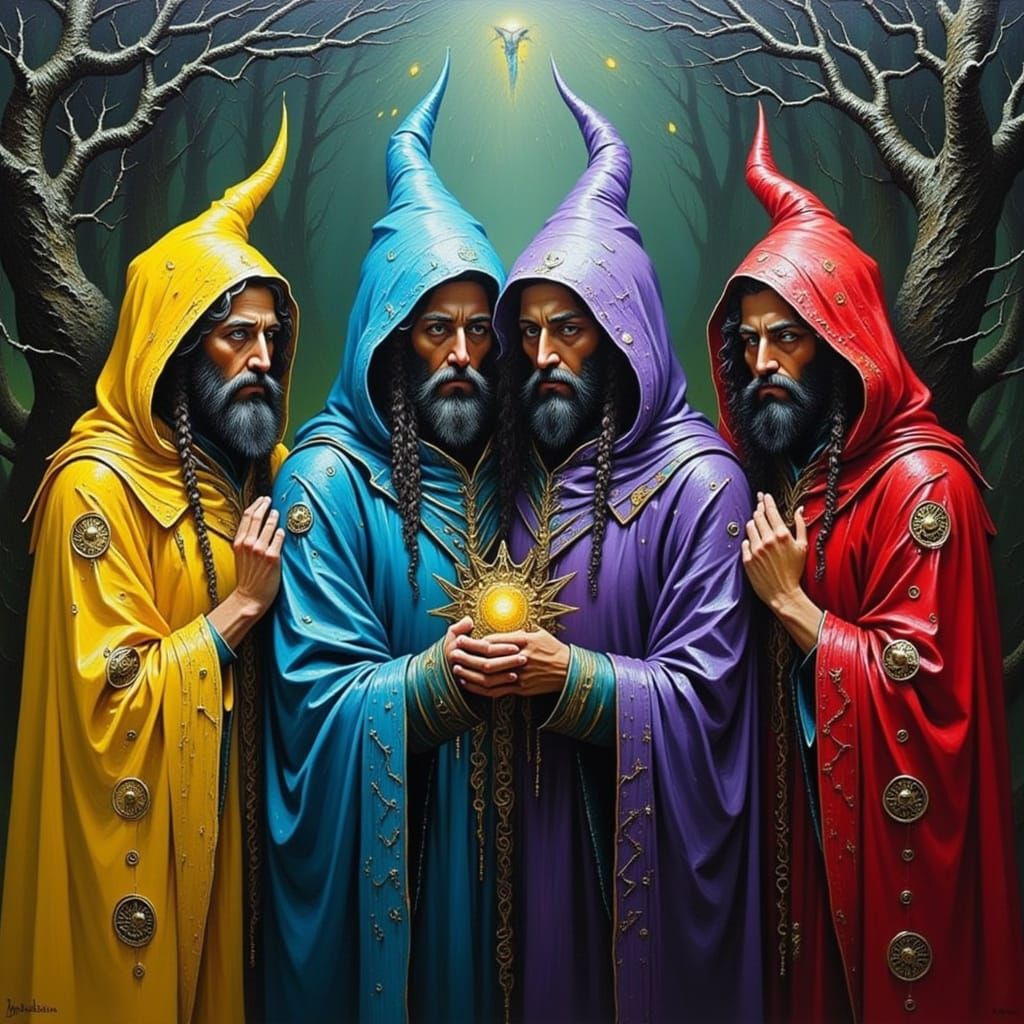 4 Wizards blue, yellow, purple and red