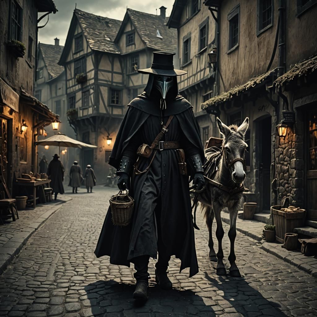 cgi plague doctor and a plague donkey, in a dark medieval town a ...