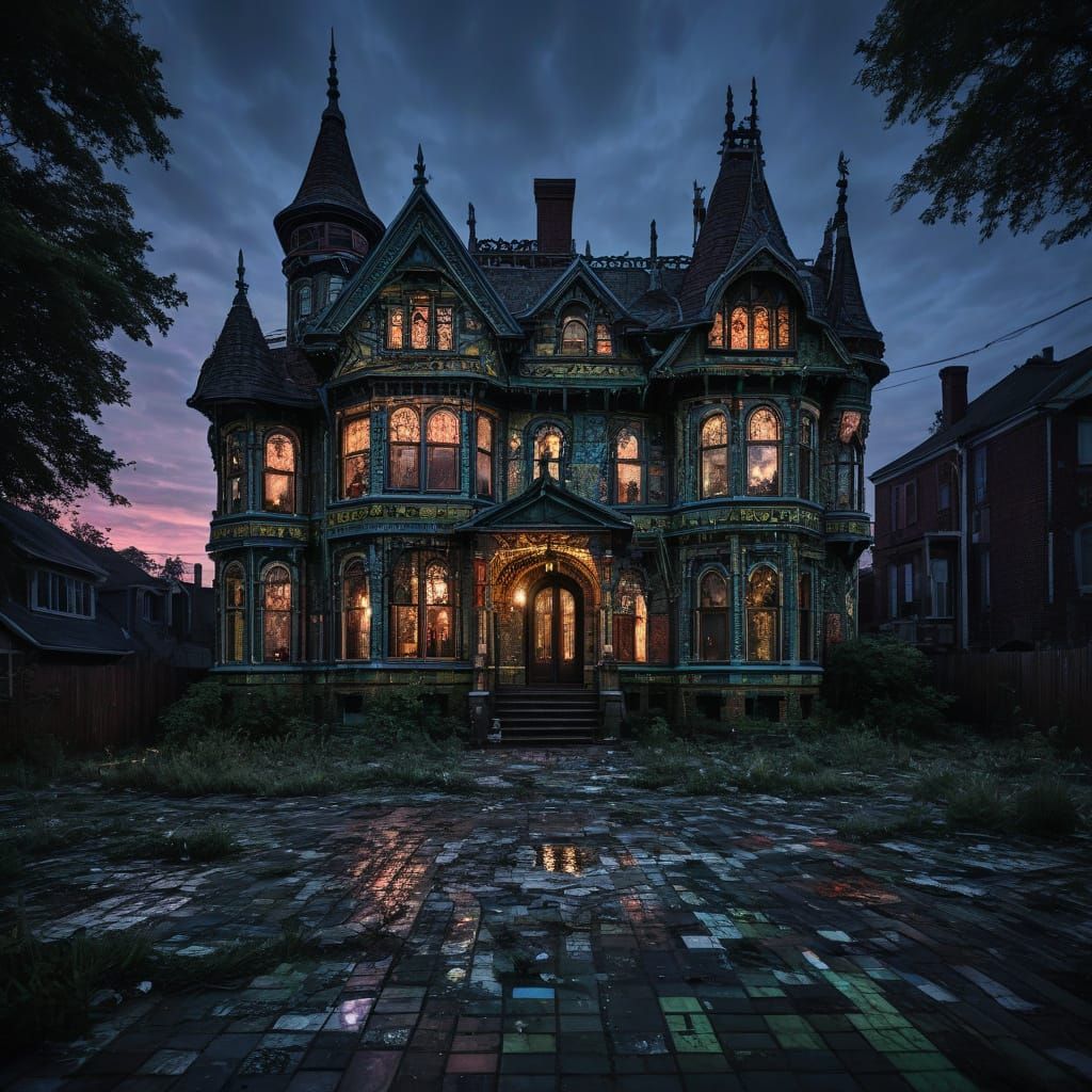 Ethereal Victorian Mansion Shrouded in Twilight - AI Art
