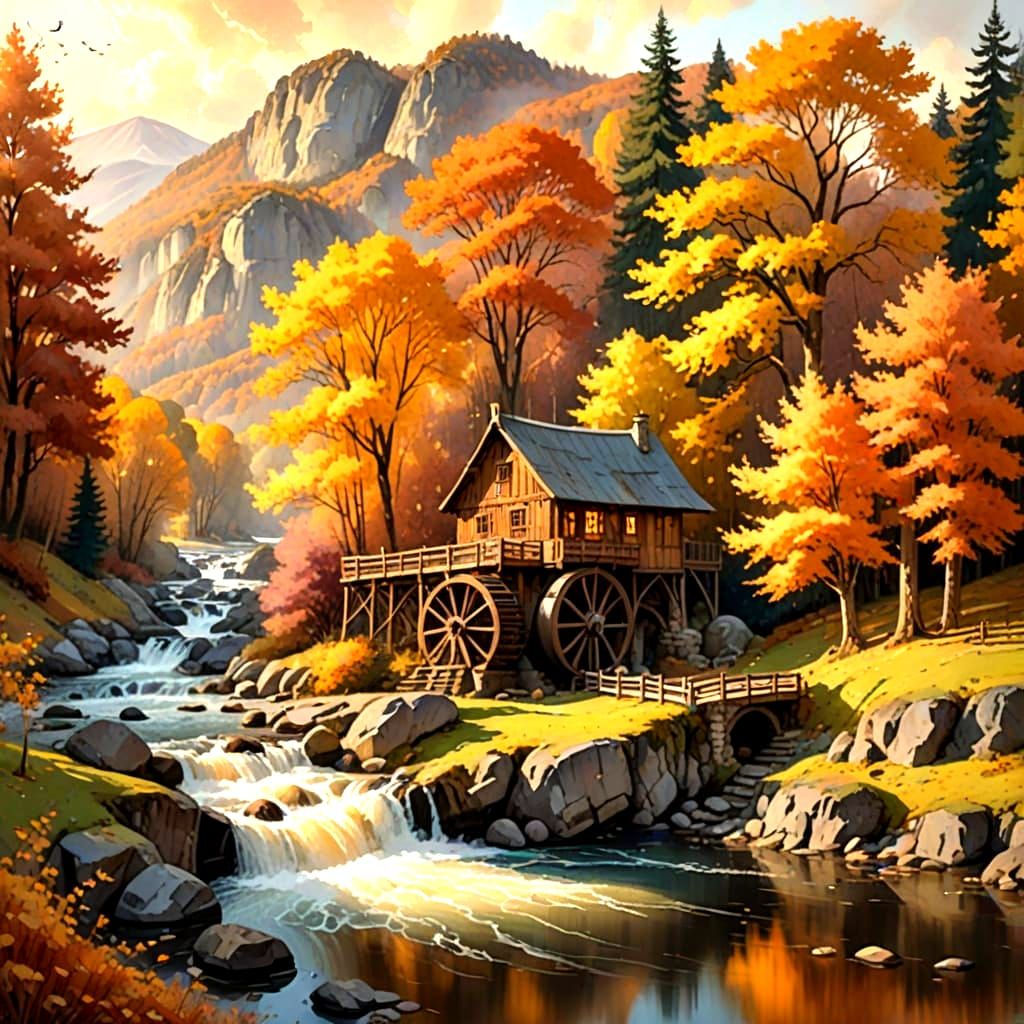 Cozy Waterwheel Cottage Amidst Autumn Woods - AI Art