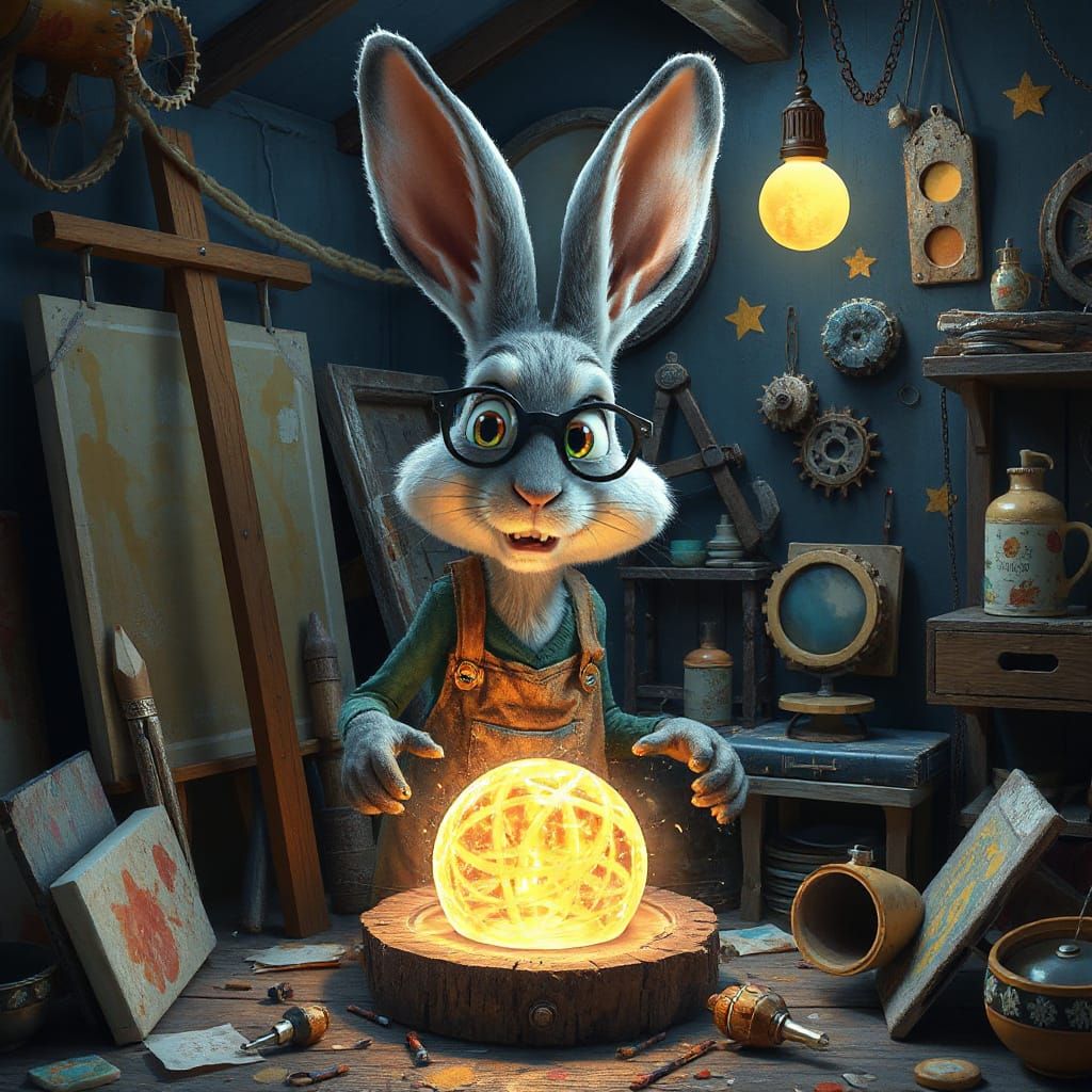 Whimsical Inventor Rabbit in Colorful Workshop wit... - AI Art