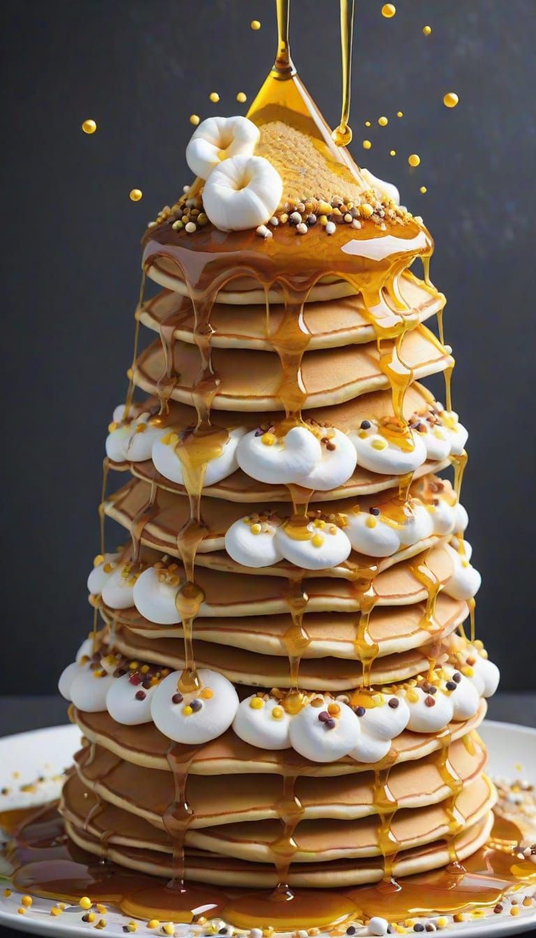 A big pyramid made of pancakes covered with dripping honey, sprinkles ...