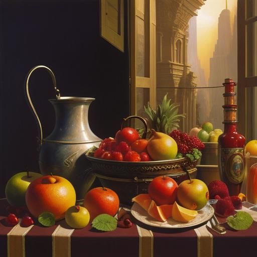 Cubist Fruit Still Life: An Atmospheric Masterpiec... - AI Art