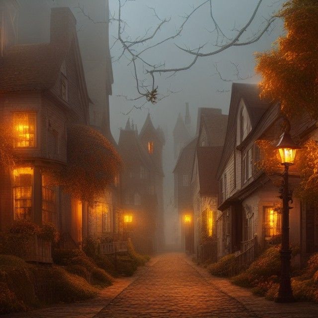 Charming Halloween town, winding street, warm, hazy, autumnal, harvest ...