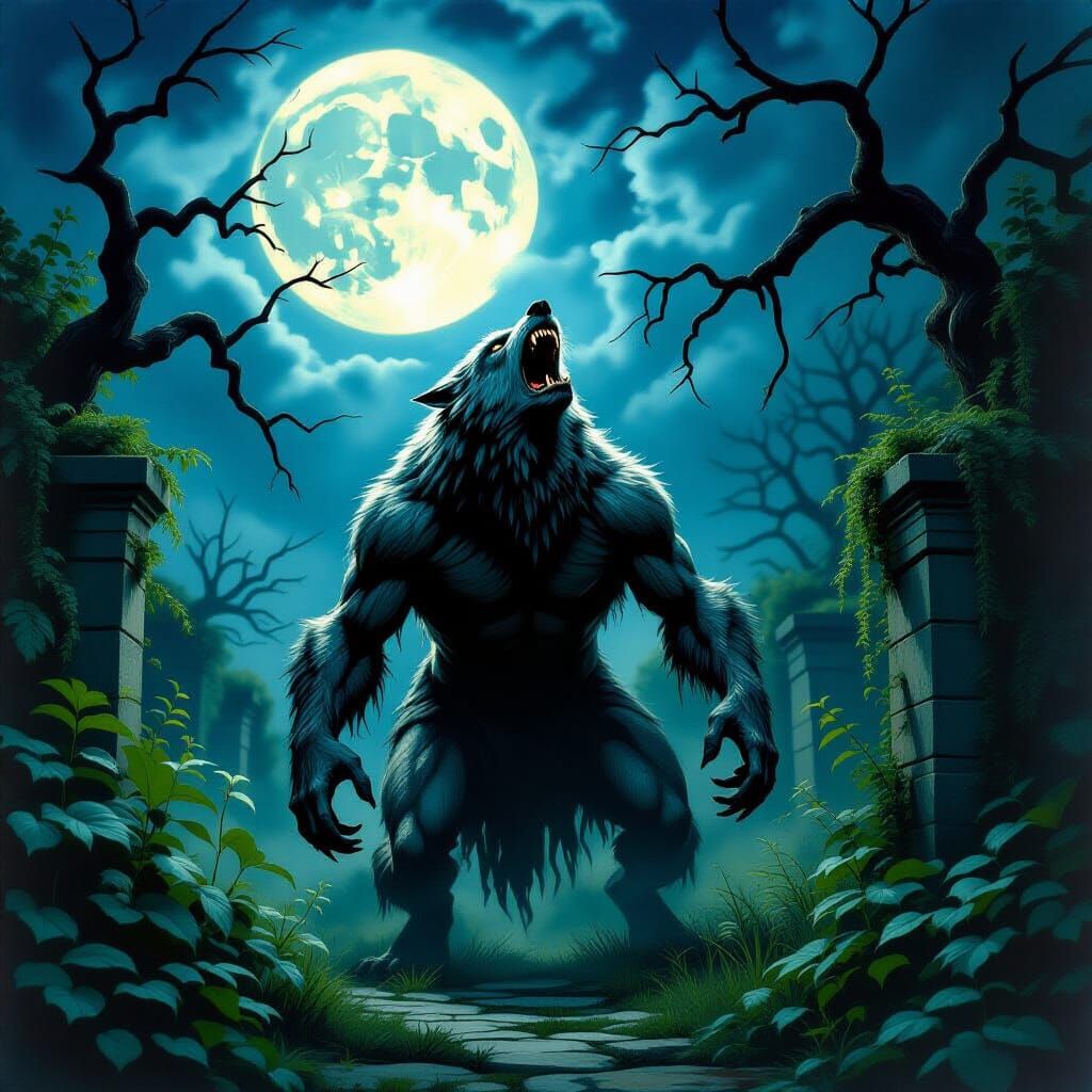 Werewolf Howls at Moon in Horror Oil Painting - AI Art