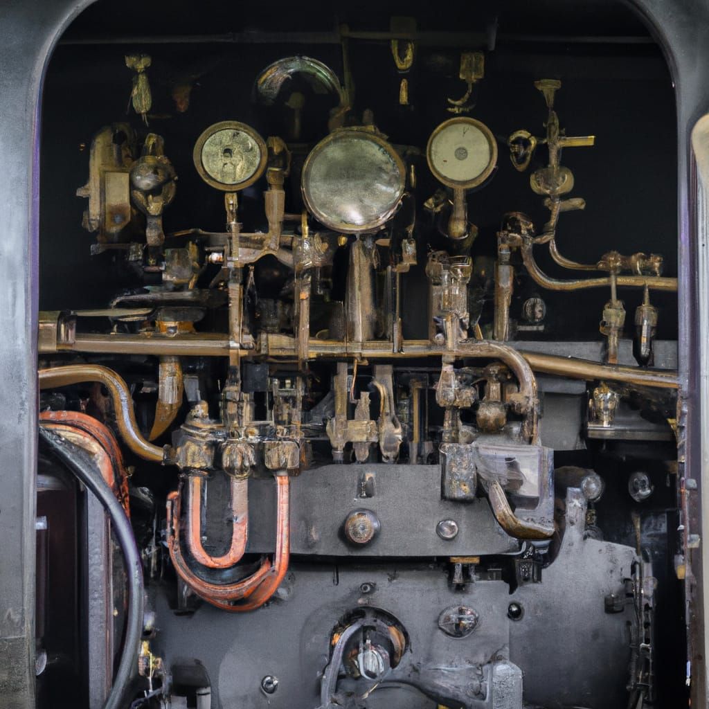 Steam locomotive cab showing valves and firebox sharp focus ...