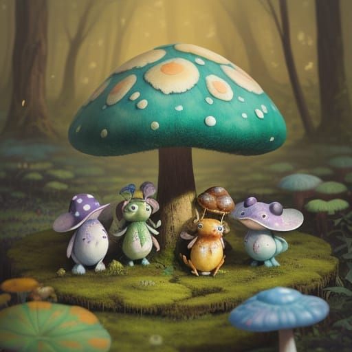 Cuddle Bugs - Whimsical Insect Friends on a Forest Toadstool