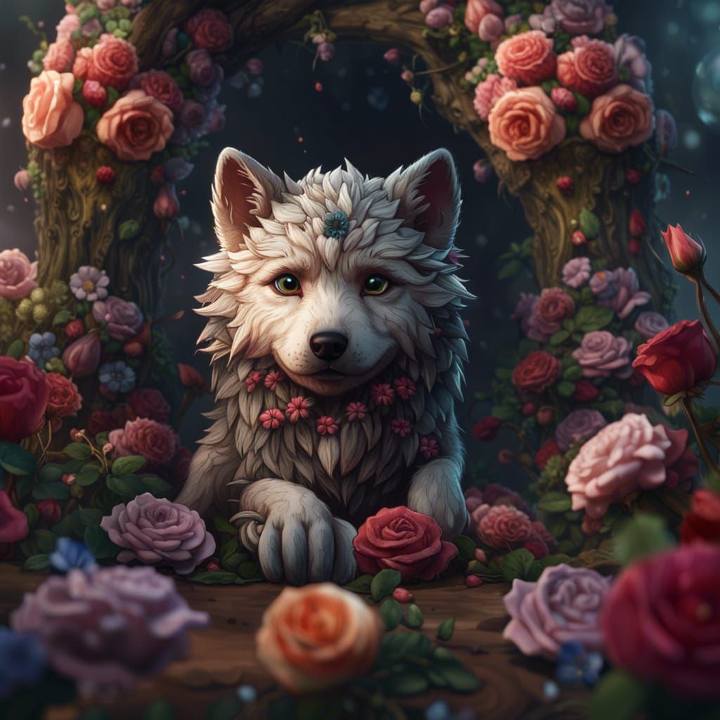 cute baby wolf covered in flowers, roses, and vines - AI Generated ...