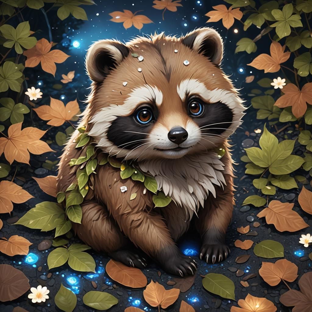 A hyper-realistic digital artwork of an adorable cute tanuki lying on ...
