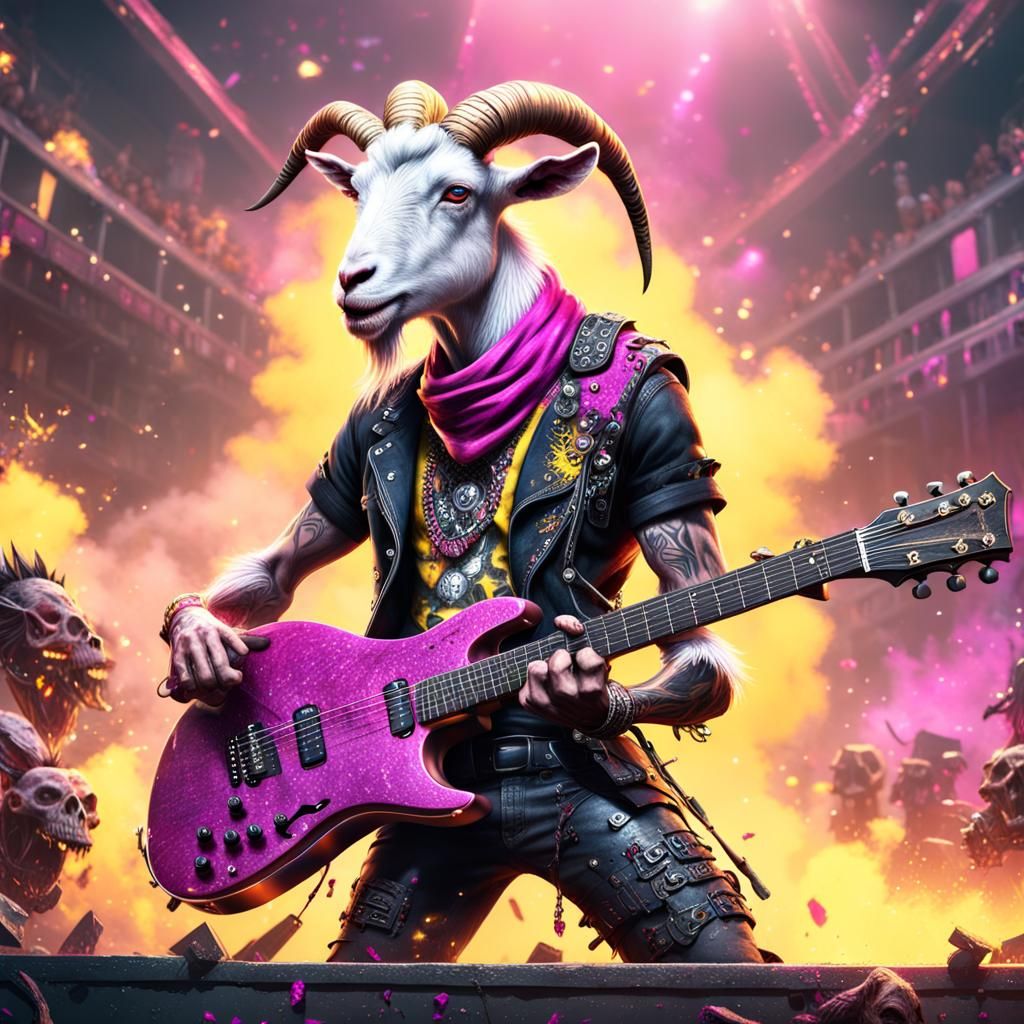 goat muscular punk rocker. torn shirt. with guitar. bandana. glittering ...