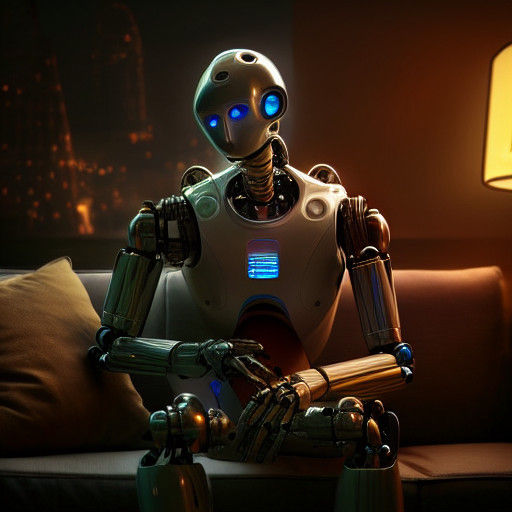 Concept art. Medium shot. A humanoid robot sits on a couch, surrounded ...