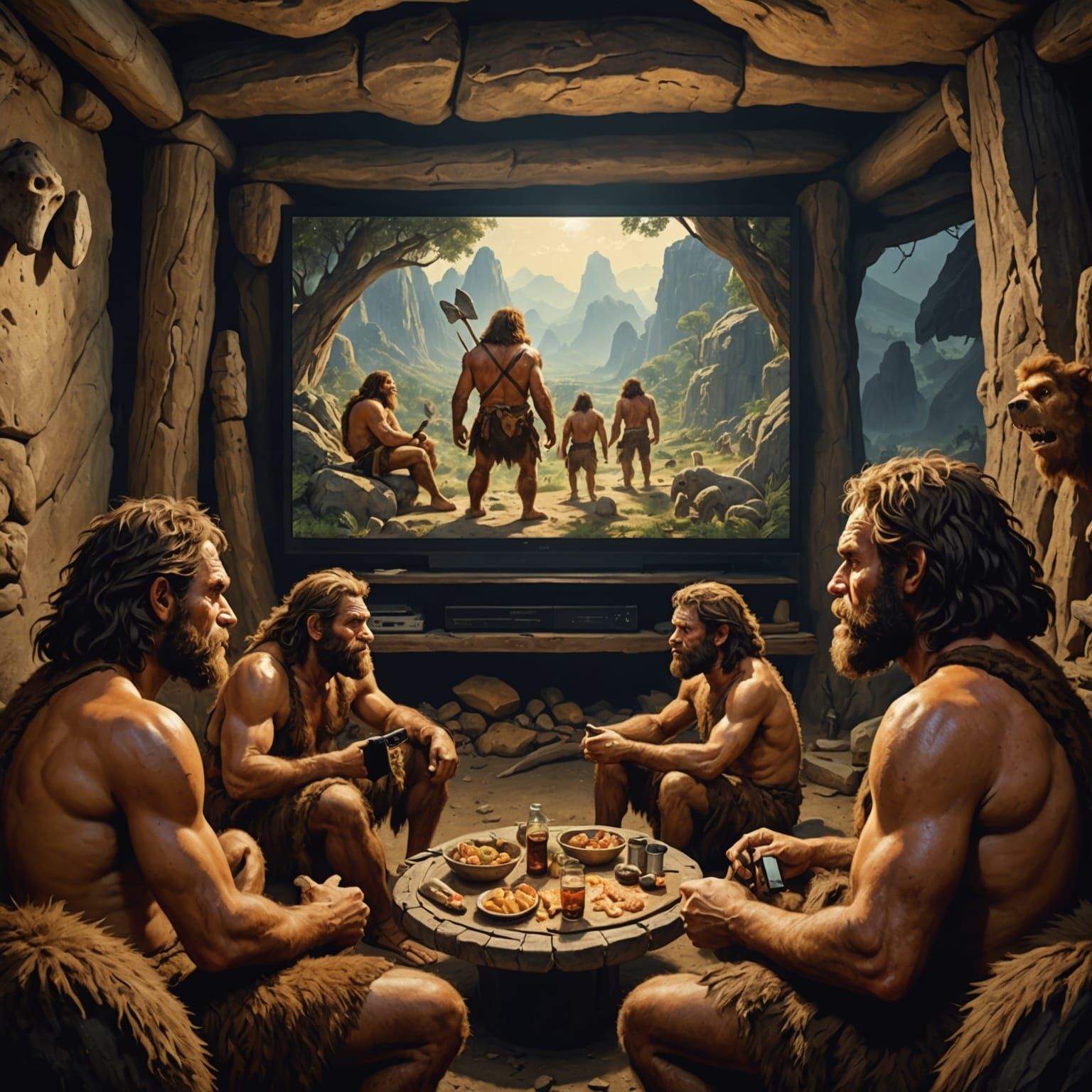 Cavemen watching TV - Cavemen Watch Overdetailed TV in Prehi...