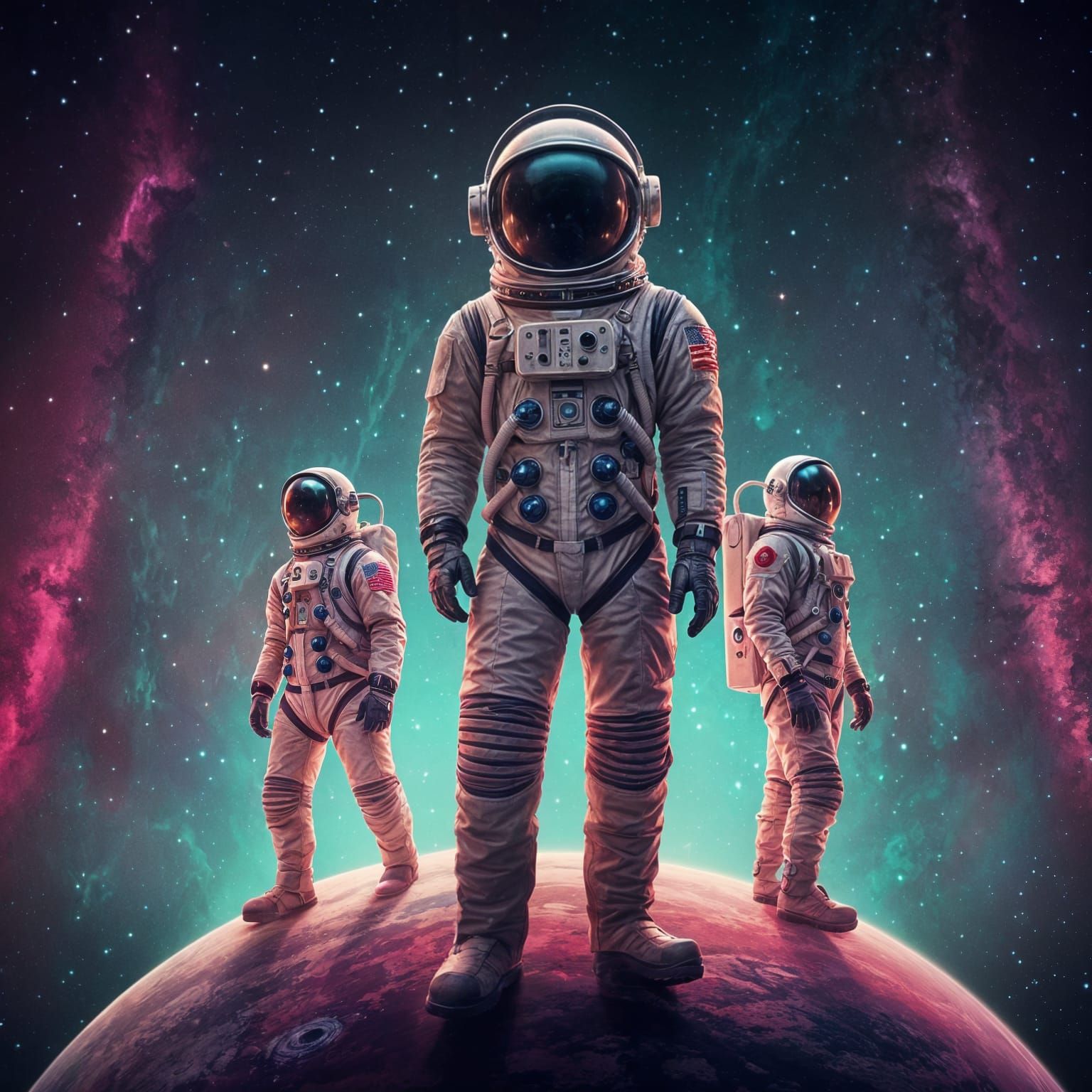 Retro Space Adventurers in Neon Cosmos - AI Art