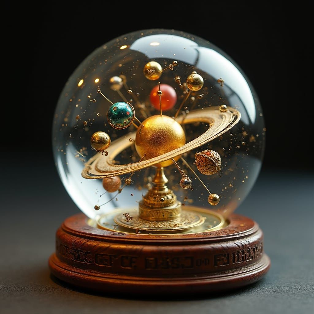Miniature Clockwork Solar System in Glass Orb with... - AI Art