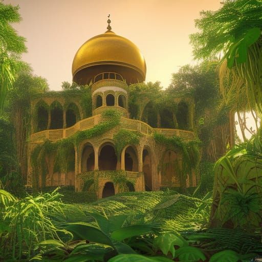 "Overgrown mosque covered in giant winding climbing plants in tropical ...