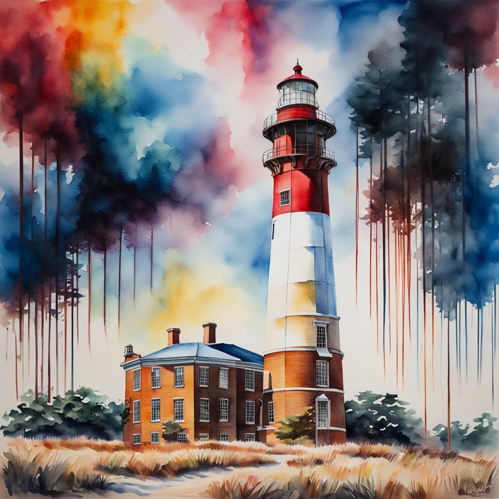 Vibrant Watercolor painting of the old Cape Henlopen lighthouse in ...